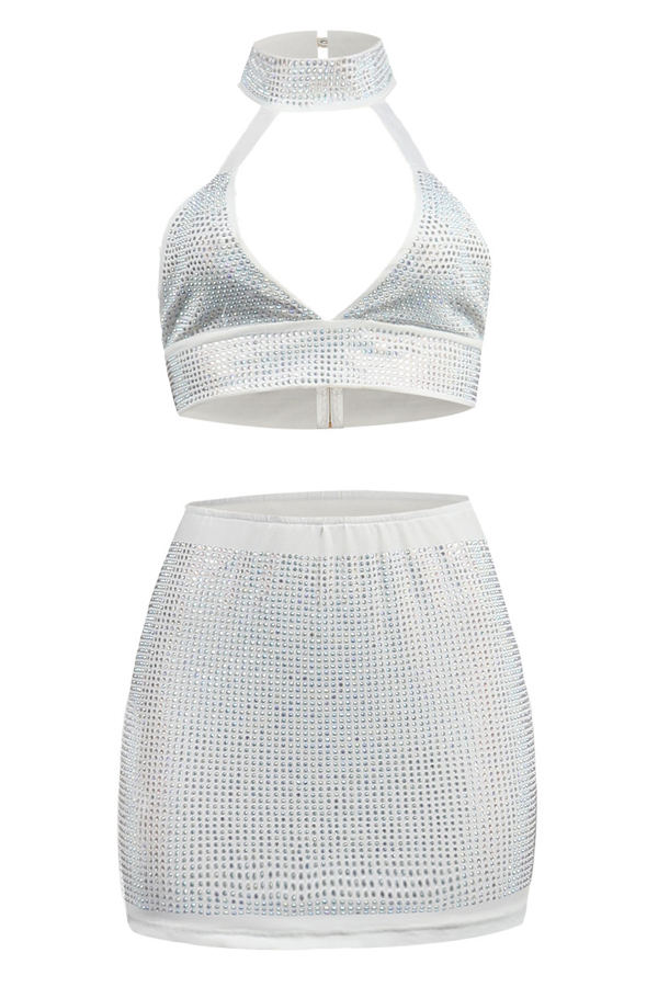 Lovely Sexy Sleeveless Rhinestone Decorative White Two Piece Skirt