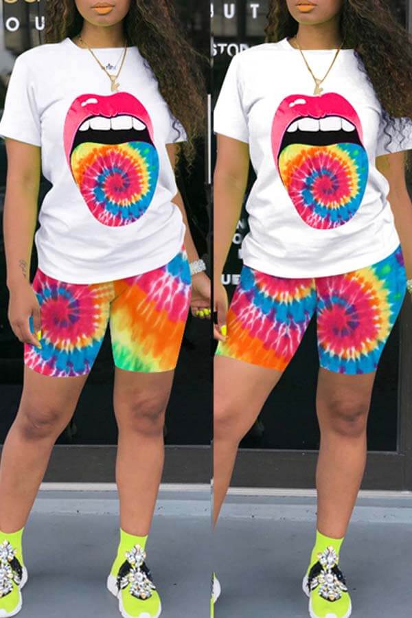 LW Leisure Lip Print Orange Two-piece Shorts Set Sale | LovelyWholesale