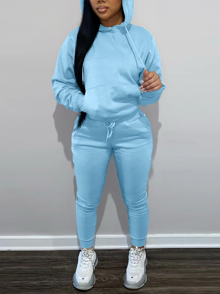 LW BASICS Kangaroo Pocket Drawstring Tracksuit Set Sale | LovelyWholesale