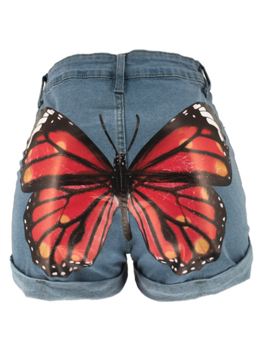 LW Mid Waist High Stretchy Butterfly Print Denim Shorts Sale ...